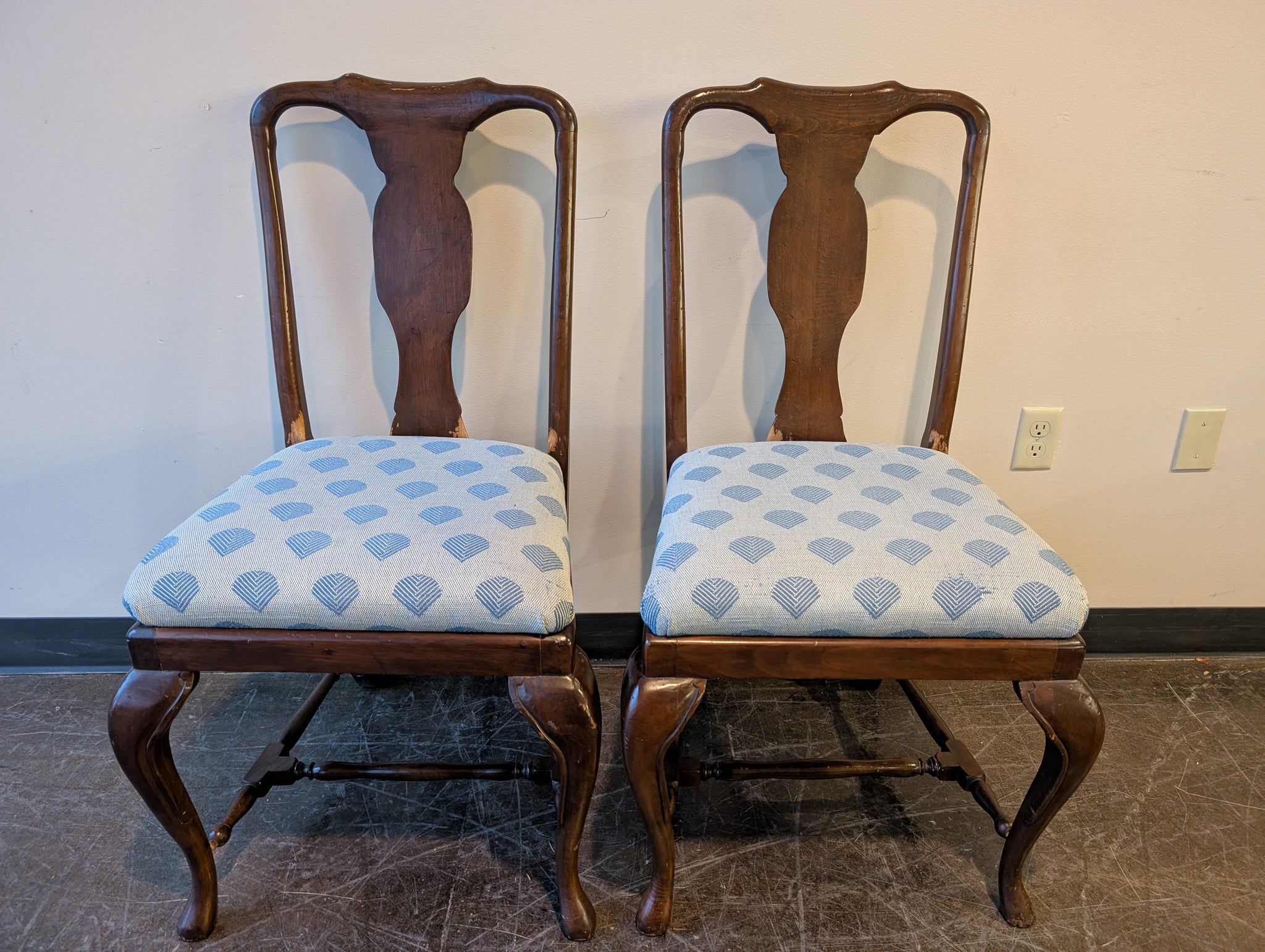 Pair of Traditional Dark Wood Dining Chairs with Upholstered Fan Patte